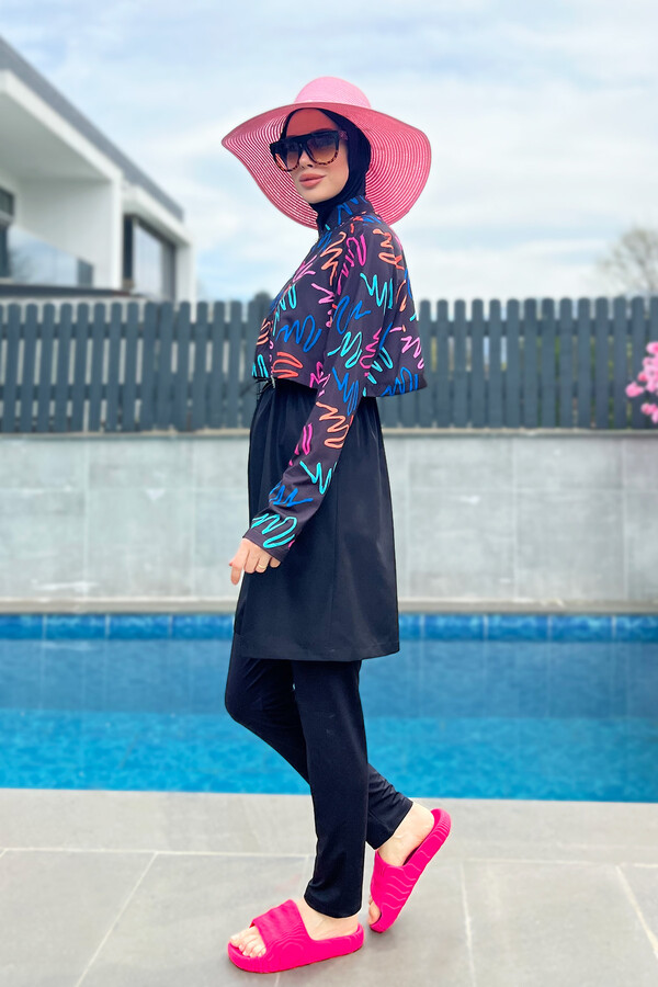 Remsa Paraşüt Önü Kapaklı Tam Kapalı Tesettür Mayo R046 Siyah Color ...