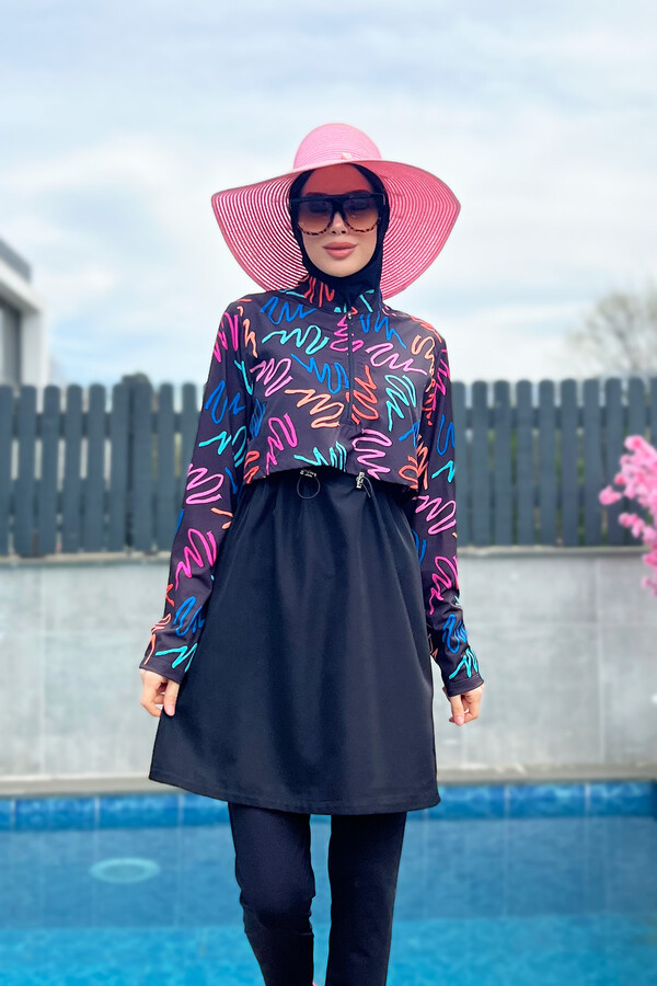 Remsa Paraşüt Önü Kapaklı Tam Kapalı Tesettür Mayo R046 Siyah Color ...