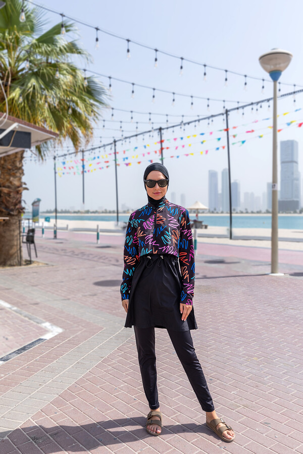 Remsa Paraşüt Önü Kapaklı Tam Kapalı Tesettür Mayo R046 Siyah Color ...