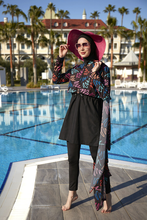 Remsa Paraşüt Önü Kapaklı Tam Kapalı Tesettür Mayo R046 Siyah Color ...