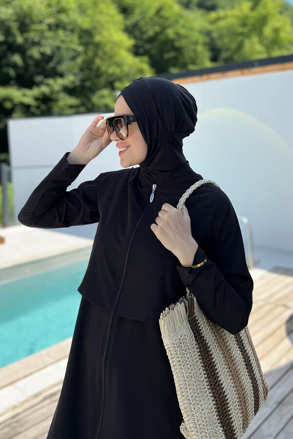 Sports Lycra Full-Covered Modest Swimsuit Joselyn 4583 Black